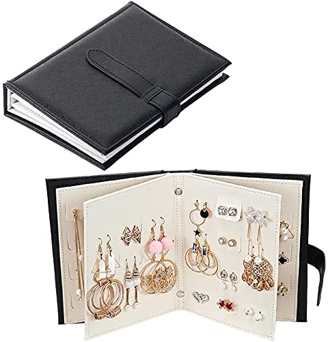 Yiluana Jewelry Organizer, Portable Earring Holder Pu Leather Travel Jewelry Organizer Case with Foldable Book Design for Girls Women (Black)