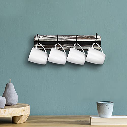 MyGift Wall Mounted Torched Solid Wood Coffee Mug Holder Rack with 4 Hooks, Wall Hanging Coffee Bar Mug and Cup Rack, Set of 2