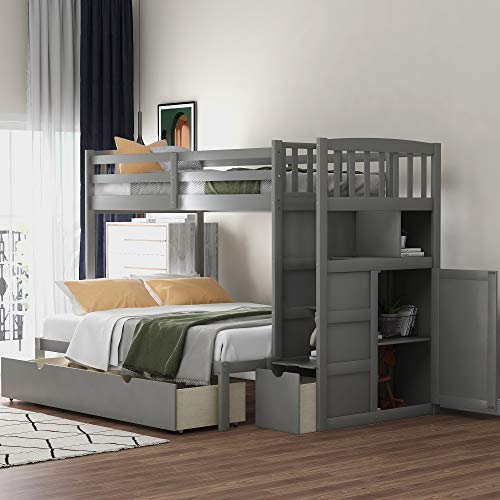 Polibi Twin Over Full/Twin Stairway Bunk Bed, Solid Wood Bunk Bed with Storage Shelves and Two Large Drawers, Convertible Bottom Bed from Twin to Full Size, Grey