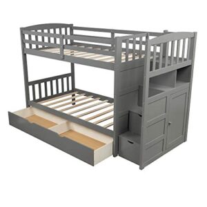 Polibi Twin Over Full/Twin Stairway Bunk Bed, Solid Wood Bunk Bed with Storage Shelves and Two Large Drawers, Convertible Bottom Bed from Twin to Full Size, Grey