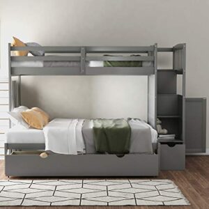 Polibi Twin Over Full/Twin Stairway Bunk Bed, Solid Wood Bunk Bed with Storage Shelves and Two Large Drawers, Convertible Bottom Bed from Twin to Full Size, Grey