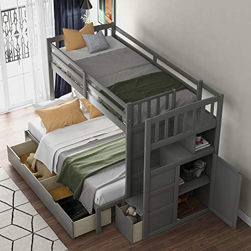 Polibi Twin Over Full/Twin Stairway Bunk Bed, Solid Wood Bunk Bed with Storage Shelves and Two Large Drawers, Convertible Bottom Bed from Twin to Full Size, Grey