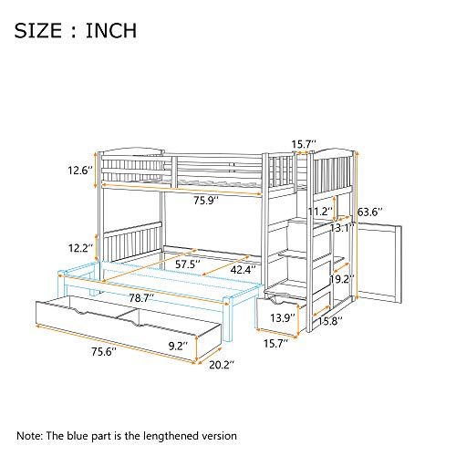 Polibi Twin Over Full/Twin Stairway Bunk Bed, Solid Wood Bunk Bed with Storage Shelves and Two Large Drawers, Convertible Bottom Bed from Twin to Full Size, Grey