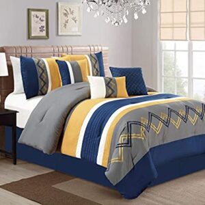 Chezmoi Collection Arden 7-Piece Modern Pleated Stripe Embroidered Zigzag Bedding Comforter Set (Queen, Navy/Gray/Yellow/White)