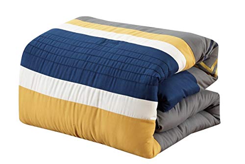 Chezmoi Collection Arden 7-Piece Modern Pleated Stripe Embroidered Zigzag Bedding Comforter Set (Queen, Navy/Gray/Yellow/White)