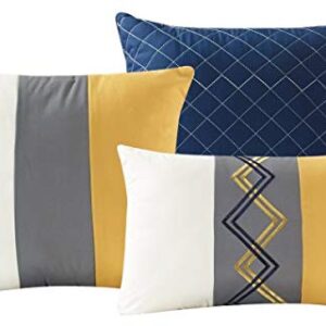 Chezmoi Collection Arden 7-Piece Modern Pleated Stripe Embroidered Zigzag Bedding Comforter Set (Queen, Navy/Gray/Yellow/White)