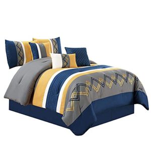 Chezmoi Collection Arden 7-Piece Modern Pleated Stripe Embroidered Zigzag Bedding Comforter Set (Queen, Navy/Gray/Yellow/White)