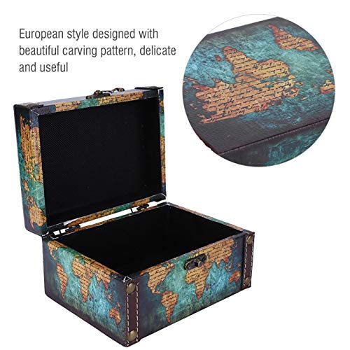 Wood Box Vintage Metal Antique Buckle Desktop Ornaments Jewelry Treasure Chest Christmas Gift Mother's Day for Mum Earrings(2208A 06 Green Map, blue)