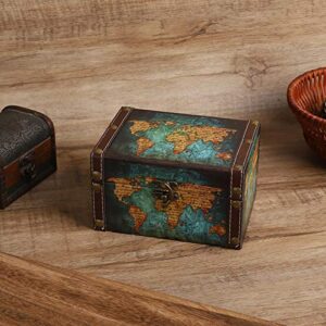 Wood Box Vintage Metal Antique Buckle Desktop Ornaments Jewelry Treasure Chest Christmas Gift Mother's Day for Mum Earrings(2208A 06 Green Map, blue)