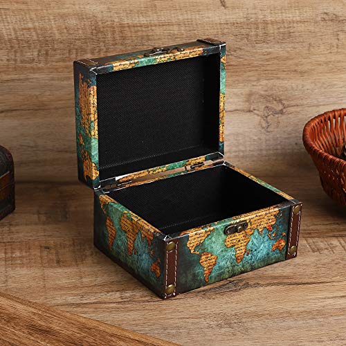 Wood Box Vintage Metal Antique Buckle Desktop Ornaments Jewelry Treasure Chest Christmas Gift Mother's Day for Mum Earrings(2208A 06 Green Map, blue)