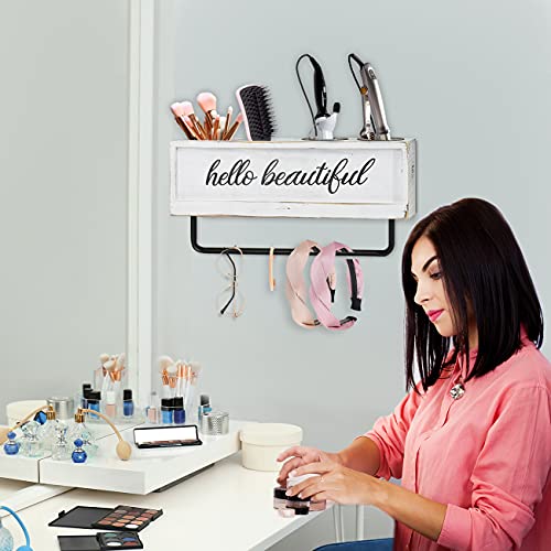 Anwelynd Rustic Hair Dryer Holder Wall Mounted, Hair Tools and Styling Organizer with Towel Bar, Farmhouse Beauty Hair Appliance Holder for Flat Iron, Curling Wand, Towel Rack