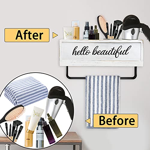 Anwelynd Rustic Hair Dryer Holder Wall Mounted, Hair Tools and Styling Organizer with Towel Bar, Farmhouse Beauty Hair Appliance Holder for Flat Iron, Curling Wand, Towel Rack