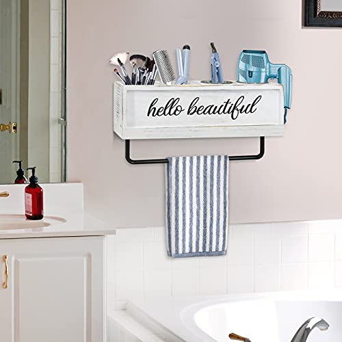 Anwelynd Rustic Hair Dryer Holder Wall Mounted, Hair Tools and Styling Organizer with Towel Bar, Farmhouse Beauty Hair Appliance Holder for Flat Iron, Curling Wand, Towel Rack