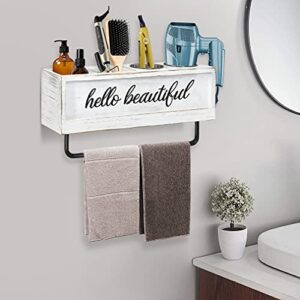 Anwelynd Rustic Hair Dryer Holder Wall Mounted, Hair Tools and Styling Organizer with Towel Bar, Farmhouse Beauty Hair Appliance Holder for Flat Iron, Curling Wand, Towel Rack