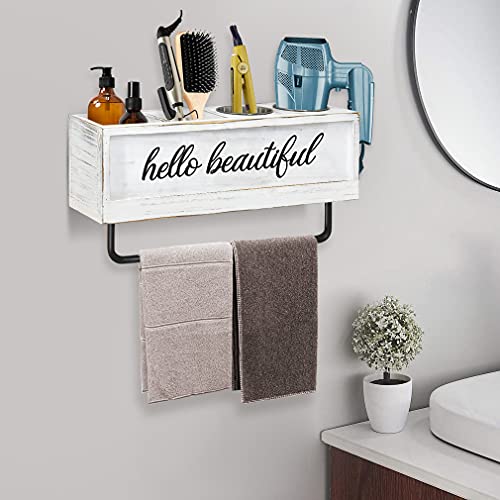 Anwelynd Rustic Hair Dryer Holder Wall Mounted, Hair Tools and Styling Organizer with Towel Bar, Farmhouse Beauty Hair Appliance Holder for Flat Iron, Curling Wand, Towel Rack