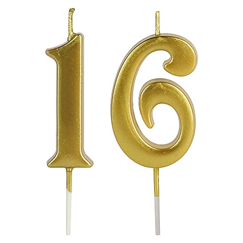 Gold 16th Birthday Candles for Cake, Number 16 1 6 Glitter Candle Party Anniversary Cakes Decoration for Kids Women or Men