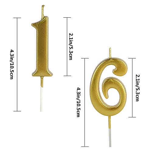 Gold 16th Birthday Candles for Cake, Number 16 1 6 Glitter Candle Party Anniversary Cakes Decoration for Kids Women or Men