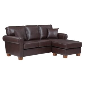 osp home furnishings rylee reversible rolled arm sectional sofa with 2 pillows and coffee finished legs, cocoa faux leather