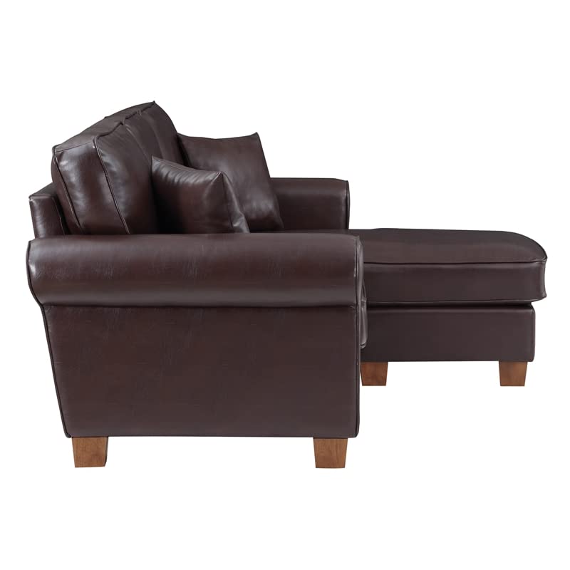 OSP Home Furnishings Rylee Reversible Rolled Arm Sectional Sofa with 2 Pillows and Coffee Finished Legs, Cocoa Faux Leather