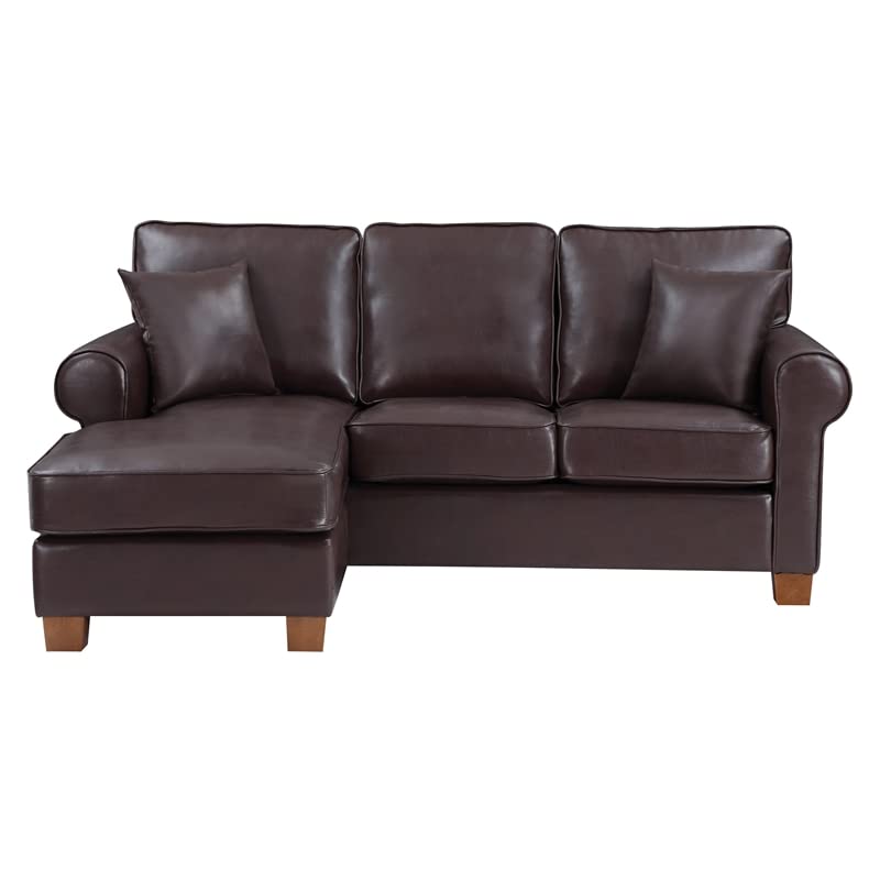 OSP Home Furnishings Rylee Reversible Rolled Arm Sectional Sofa with 2 Pillows and Coffee Finished Legs, Cocoa Faux Leather