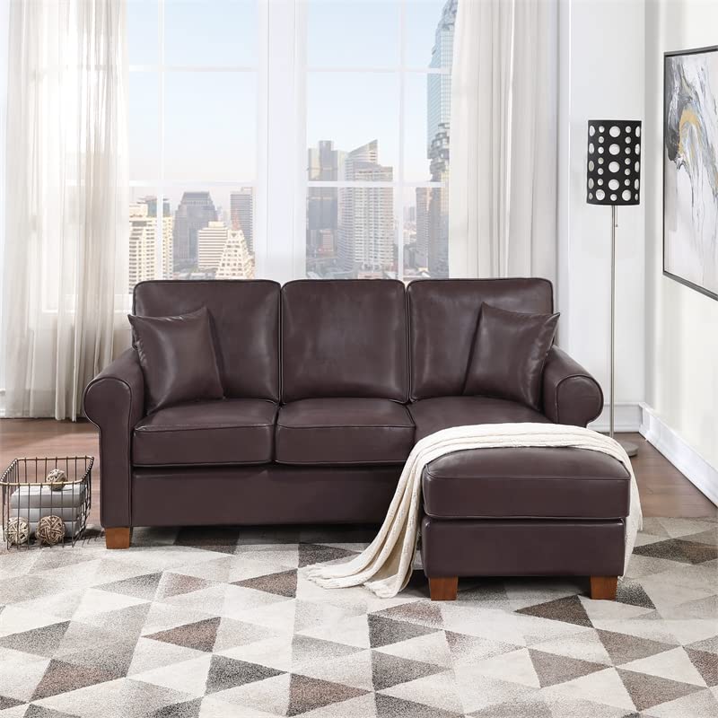 OSP Home Furnishings Rylee Reversible Rolled Arm Sectional Sofa with 2 Pillows and Coffee Finished Legs, Cocoa Faux Leather