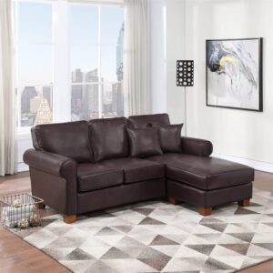 OSP Home Furnishings Rylee Reversible Rolled Arm Sectional Sofa with 2 Pillows and Coffee Finished Legs, Cocoa Faux Leather