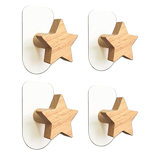 Yisiziyo Beech Wood Coat Hooks 4 Pieces Kids Room Decor Sticky Hooks Strong No Marking Glue No Drilling Required