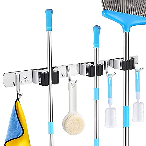 Mop and Broom Holder Wall Mount Heavy Duty Stainless Steel Tool Hanger, With 3 Racks 4 Hooks Storage Organizer for Home, Kitchen, Garage, Garden, Laundry Room, Bathroom