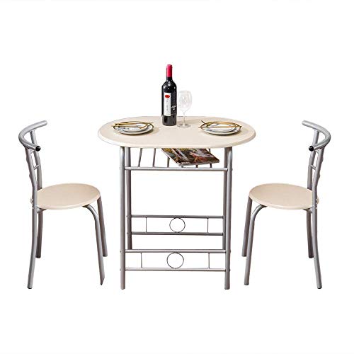 Small Kitchen Dining Table Set for 2, 3 Piece Round Kitchen Tables for Small Spaces 2 Seats, Breakfast Table and Chairs, Nook Dinette Sets with Wine Rack Fruit Stand Used for Compact Space (Log Wood)