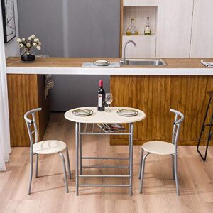 Small Kitchen Dining Table Set for 2, 3 Piece Round Kitchen Tables for Small Spaces 2 Seats, Breakfast Table and Chairs, Nook Dinette Sets with Wine Rack Fruit Stand Used for Compact Space (Log Wood)