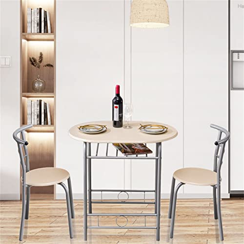 Small Kitchen Dining Table Set for 2, 3 Piece Round Kitchen Tables for Small Spaces 2 Seats, Breakfast Table and Chairs, Nook Dinette Sets with Wine Rack Fruit Stand Used for Compact Space (Log Wood)