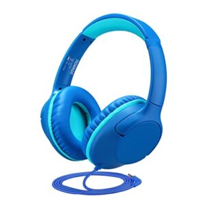 powmee p20 kids headphones over-ear headphones for kids/teens/boys/girls/school with 94db volume limited adjustable stereo tangle-free 3.5mm jack wire cord for fire tablets/travel/pc/phones(blue)