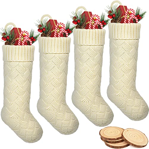 ROSFORU 18-inch Knit Christmas Stockings, 4 Pack Ivory White Weave Xmas Socks Large Candy Gift Bag, Christmas Decoration