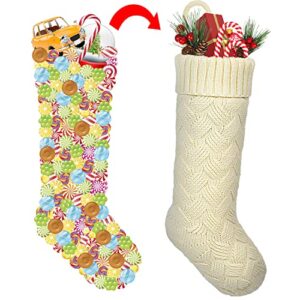 ROSFORU 18-inch Knit Christmas Stockings, 4 Pack Ivory White Weave Xmas Socks Large Candy Gift Bag, Christmas Decoration