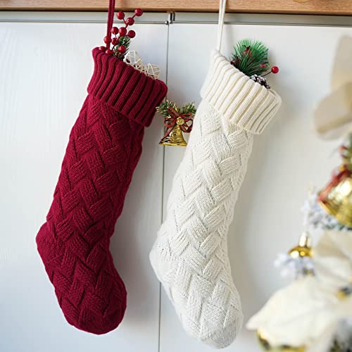 ROSFORU 18-inch Knit Christmas Stockings, 4 Pack Ivory White Weave Xmas Socks Large Candy Gift Bag, Christmas Decoration