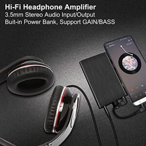 Hi-Fi Headphone Amplifier Buit-in Power Bank Portable 3.5mm Stereo Audio Out Powered by Lithium Battery Headset Support GAIN/BASS for Android phone/iPhone/iPad/MP3/MP4/Laptops and PCs, etc.