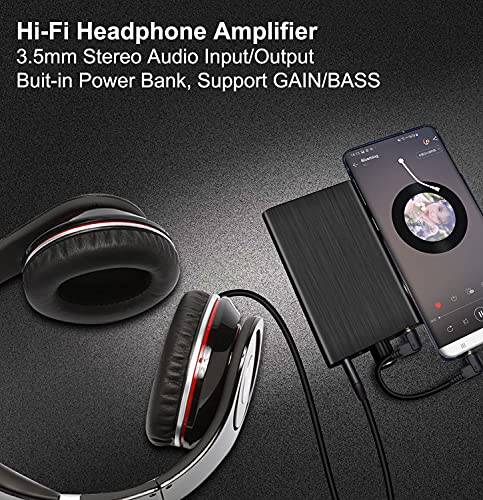 Hi-Fi Headphone Amplifier Buit-in Power Bank Portable 3.5mm Stereo Audio Out Powered by Lithium Battery Headset Support GAIN/BASS for Android phone/iPhone/iPad/MP3/MP4/Laptops and PCs, etc.