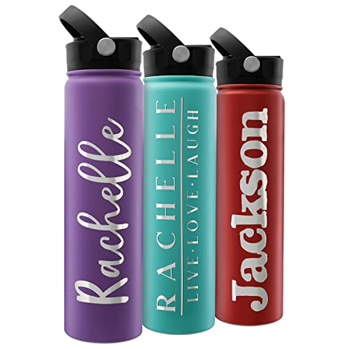 Personalized Water Bottle w Straw Lid Double Wall Insulated | 24 oz - 16 Designs - 9 Colors | Custom Water Bottle w Name and Text, BPA Free - Non Sweat - Vacuum Insulated