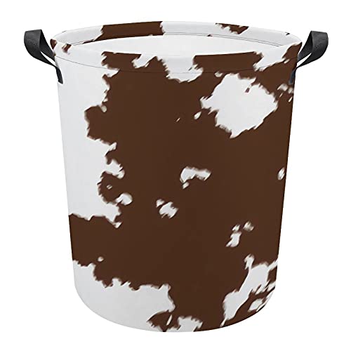 Laundry Basket Realistic Brown Cow Hide Animal Print Foldable Self-Standing Portable Washing Storage Tote Bag with Handles