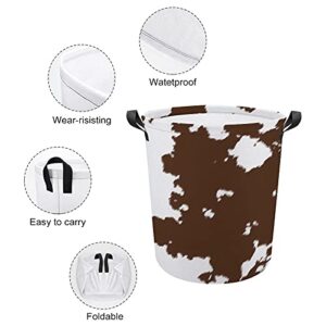 Laundry Basket Realistic Brown Cow Hide Animal Print Foldable Self-Standing Portable Washing Storage Tote Bag with Handles