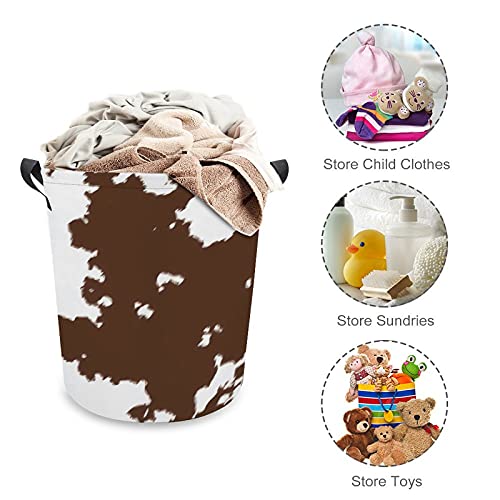 Laundry Basket Realistic Brown Cow Hide Animal Print Foldable Self-Standing Portable Washing Storage Tote Bag with Handles