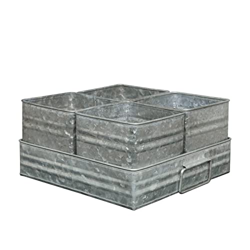 Putuo Decor Set of 4 Galvanized Square Metal Planter with Tray, Rustic Farmhouse Herb Pot with Handles, Utensil Caddy Napkin Organizer, 4 x 4 Inches Planters on 8.2 x 8.2 Inches Tray