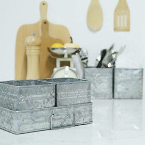 Putuo Decor Set of 4 Galvanized Square Metal Planter with Tray, Rustic Farmhouse Herb Pot with Handles, Utensil Caddy Napkin Organizer, 4 x 4 Inches Planters on 8.2 x 8.2 Inches Tray