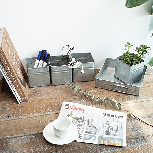 Putuo Decor Set of 4 Galvanized Square Metal Planter with Tray, Rustic Farmhouse Herb Pot with Handles, Utensil Caddy Napkin Organizer, 4 x 4 Inches Planters on 8.2 x 8.2 Inches Tray