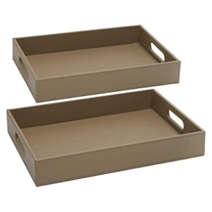 2-pack wooden nesting serving tray set with stitched faux leather skin and 2 handles, slip-resistant breakfast service tray in 2 sizes (13.8x9.9x2.3 and 15.8x12x2.5 in, taupe)