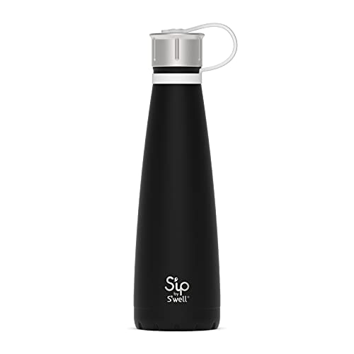 S'ip by S'well Stainless Steel Water Bottle - 15 Oz - Black Chalk - Double-Walled Vacuum-Insulated Keeps Drinks Cold for 24 Hours and Hot for 10 - with No Condensation - BPA-Free