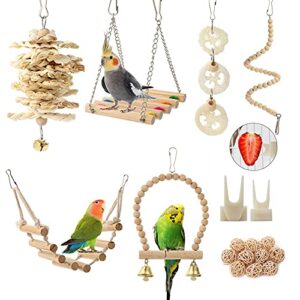 bird parrot toys swing hanging,18 pieces bird cage accessories toy perch ladder chewing toys hammock for parakeets,cockatiels,lovebirds,conures,budgie,macaws,lovebirds,finches and other small pets