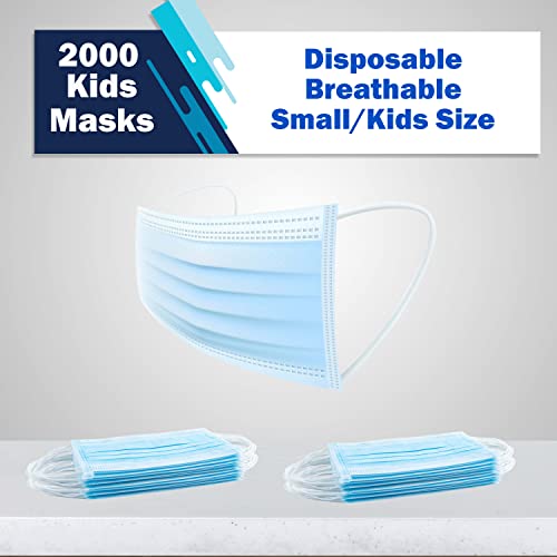 2000 Kids Disposable Face Masks, Bulk Face masks (40 Boxes, 50pcs/Box), Non Woven Thick 3-Layers Breathable Facial Masks with Adjustable