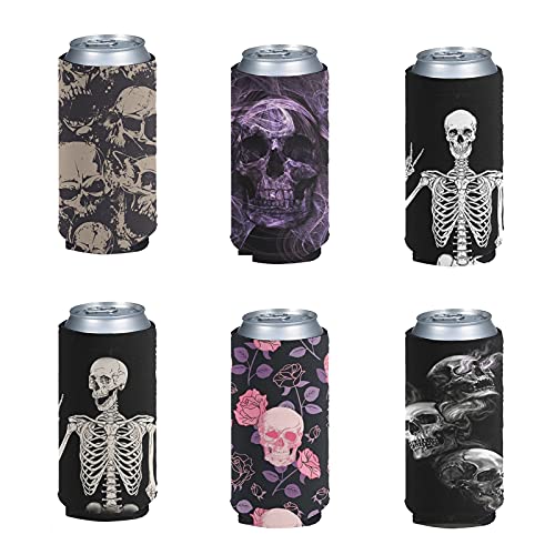 Kuiaobaty Can Sleeves Resuable Neoprene Insulated Sleeve Cool Skull Designs Slim Beer Can Sleeves Bottle Cover for Beer and Soda Holiday and Party Decor,Pack of 6