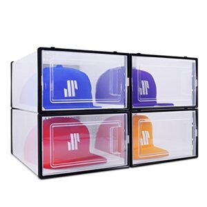 modern jp hat organizer for baseball caps (4-pack) - dust-free hat storage box, see-through hat rack display - holds up to 6 caps per box